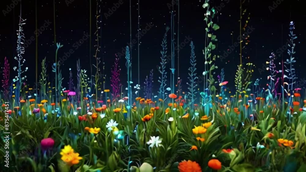 ecosystem where plants and animals are represented by data particles ...