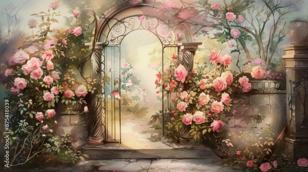 Foto de Enter garden gate with roses, watercolor, detailed, wallpaper ...