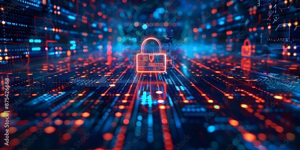 Exploring cybersecurity technology with an impressive digital backdrop and fortifications ...