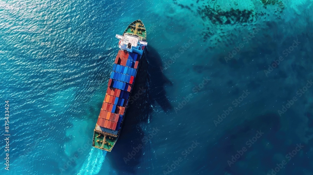Aerial perspective of a container ship in deep blue waters ...