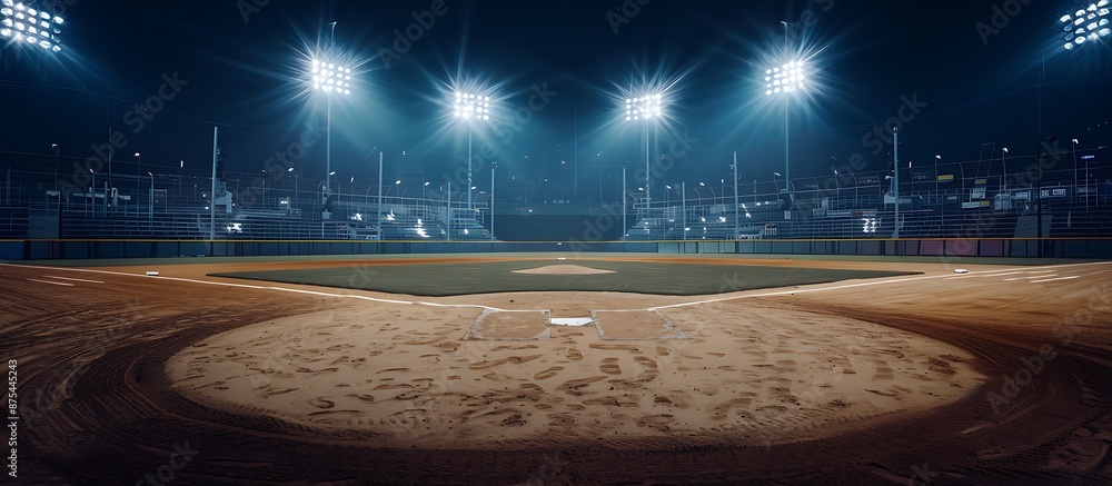 Brightly lit softball arena at night, empty field with turf and clay ...