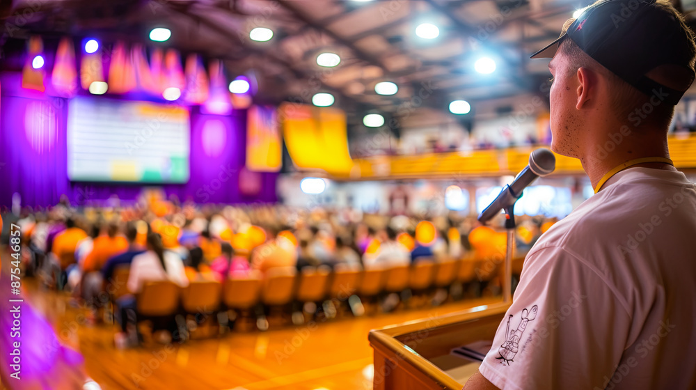 Young Man Giving Speech to Students During Back to School Assembly at ...