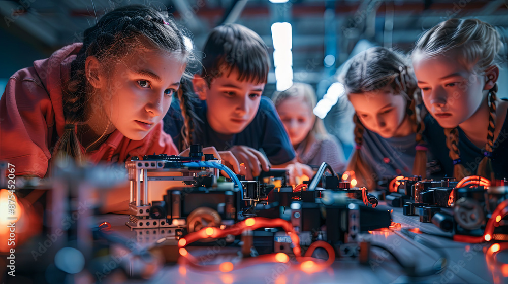 Group of Smart Diverse Children Working on Robot, STEM Education ...