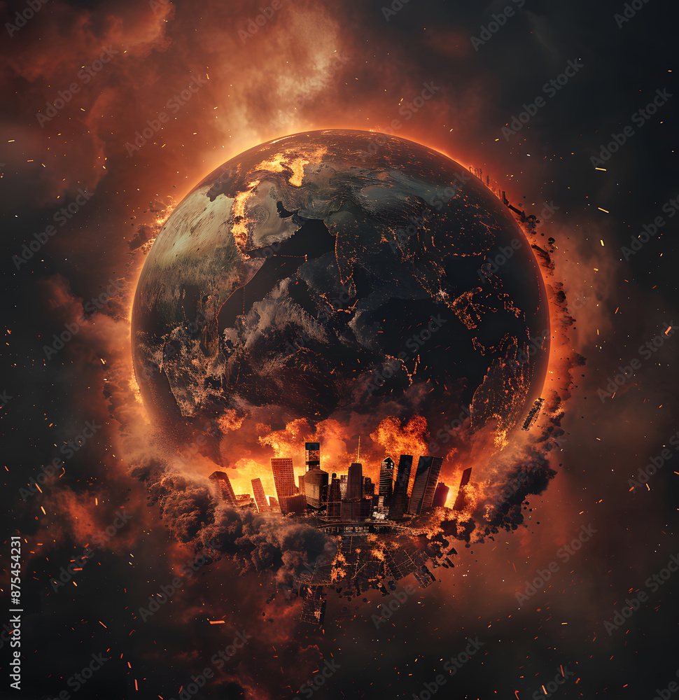 Earth's globe collapsed, burning, and destroyed by fire. Conceptual ...