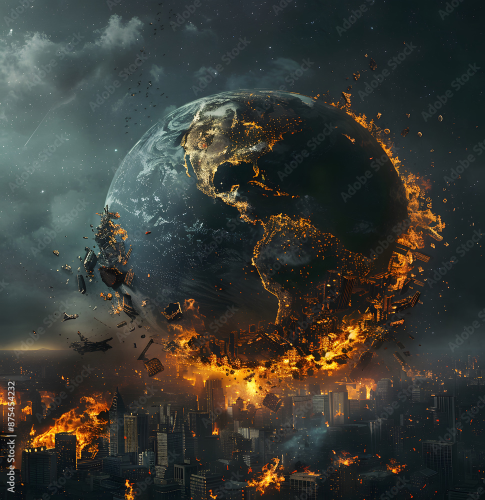 Earth's globe collapsed, burning, and destroyed by fire. Conceptual ...