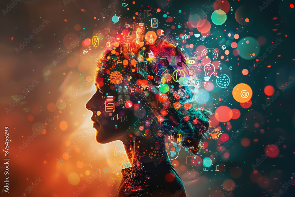 Silhouette of a head with an explosion of bright, creative symbols ...