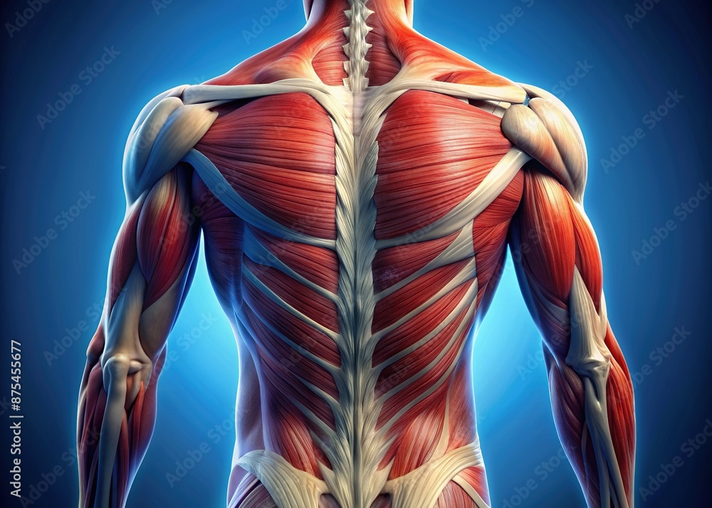 Detailed illustration of Latissimus dorsi muscle anatomy on human torso ...