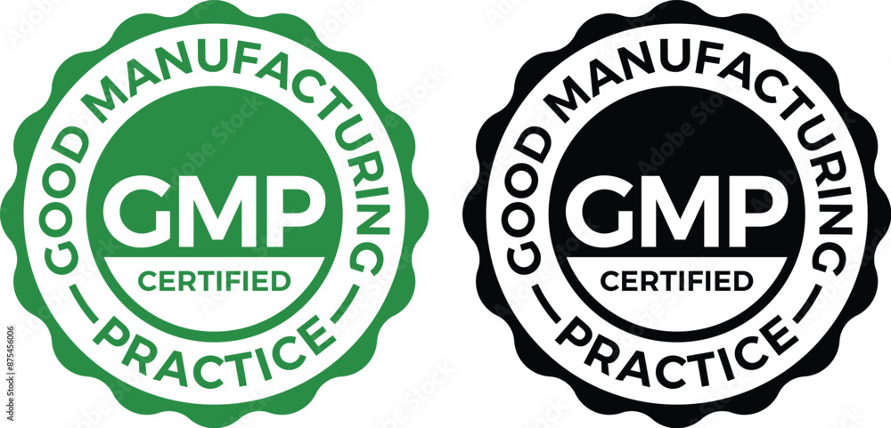 GMP (Good Manufacturing Practice) certified round stamp on white ...