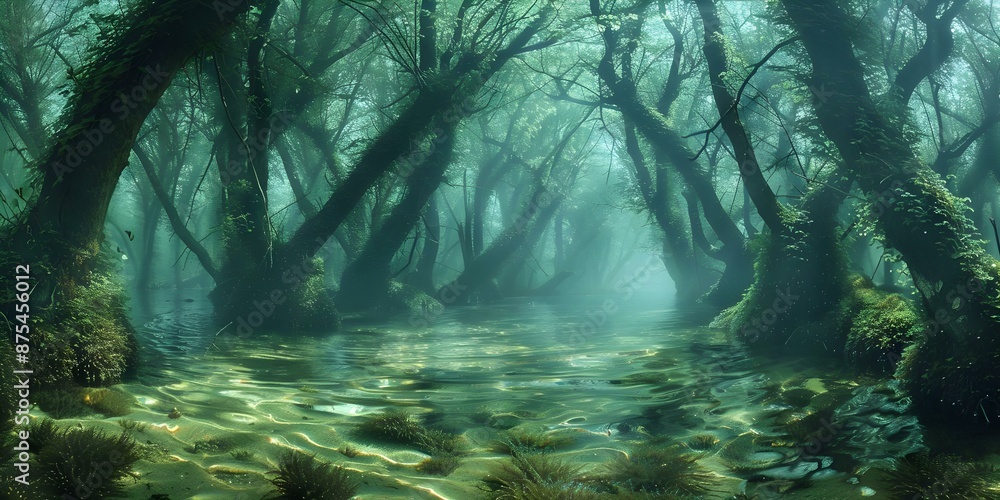 Submerged Trees, Algae, and Marine Life in an Underwater Swamp Scene ...