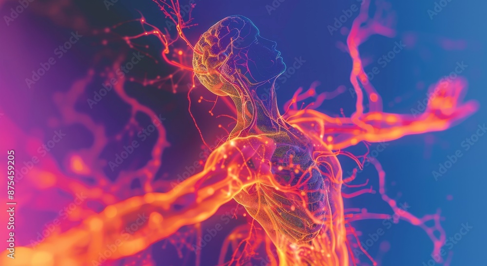 Detailed illustration of the human nervous system with a focus on brain ...