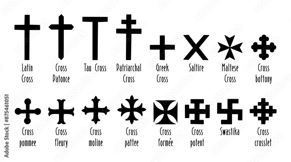 Various types of historical cross symbols with names, bold and black ...