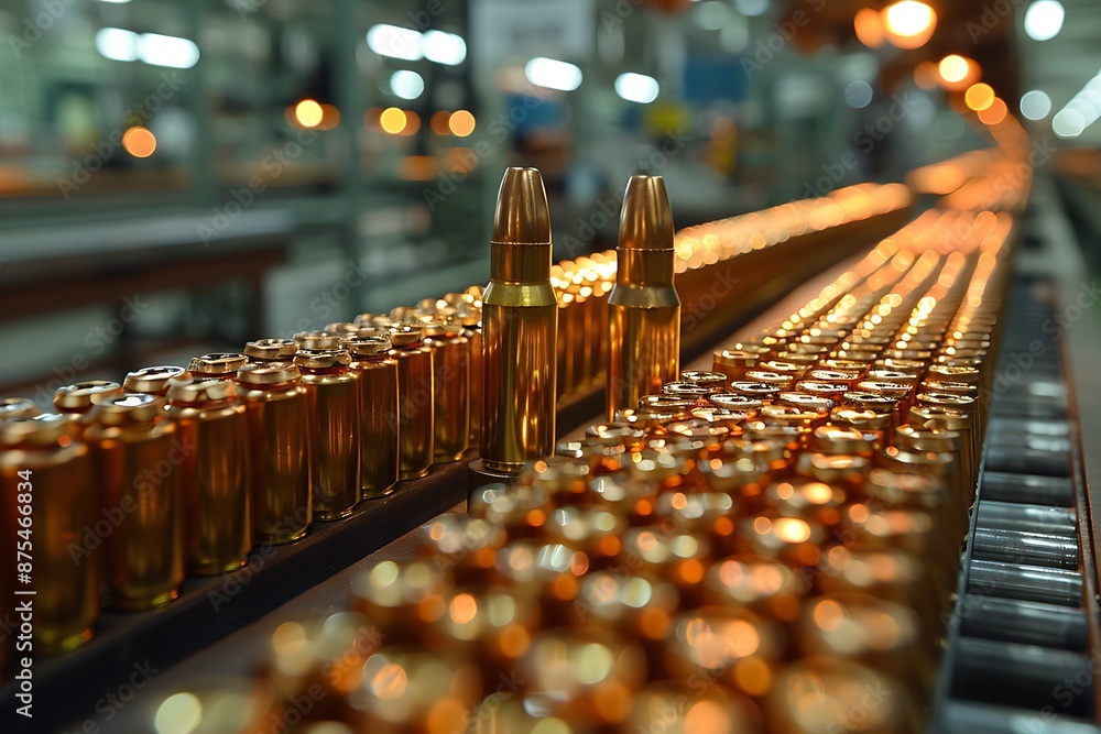 Ammunition assembly line with bullets, shallow depth of field ...