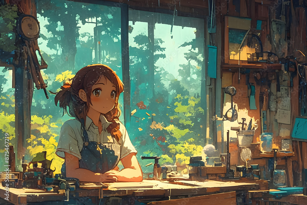 Girl woodworking in her garage studio, sawdust floating in the air ...