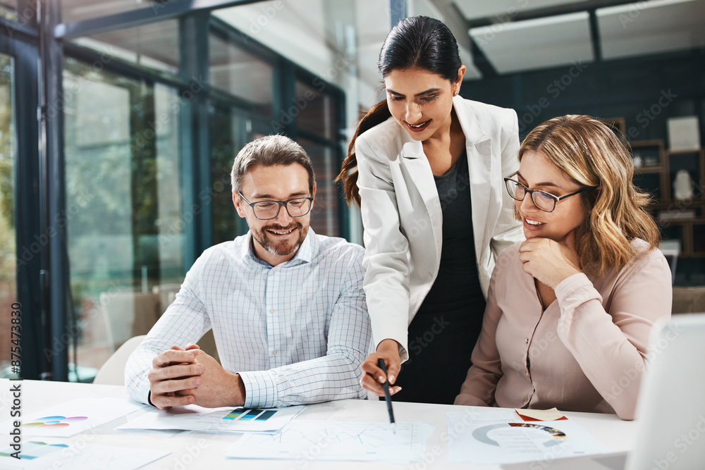 Employees, people and happy in office with documents for strategy with ...