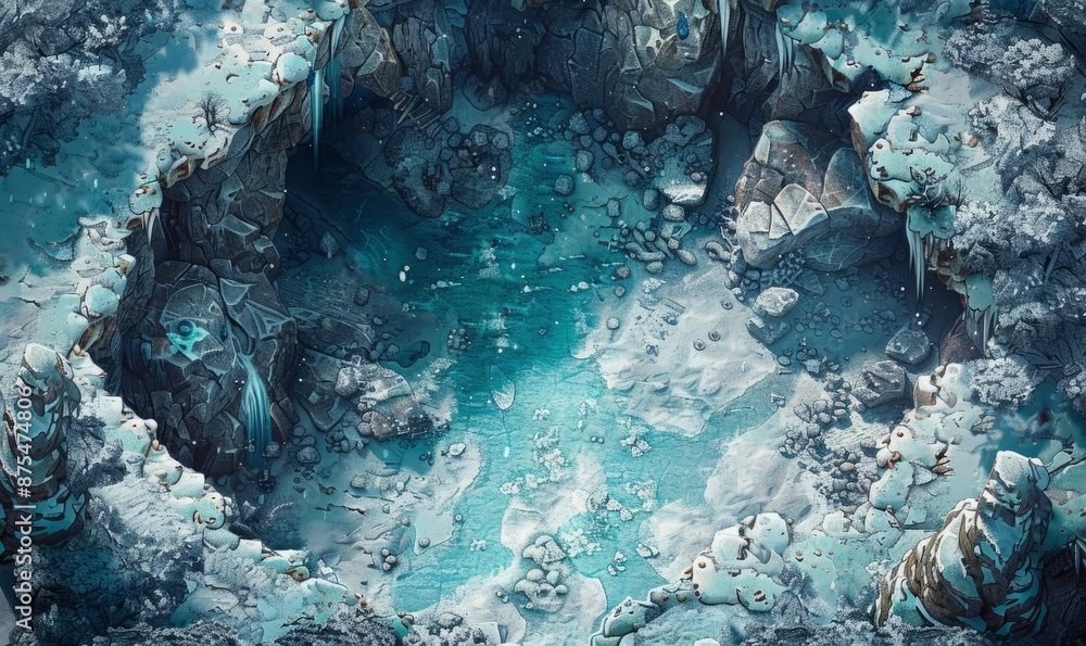 a top-down battle map for dungeons and dragons set in a large glacier ...