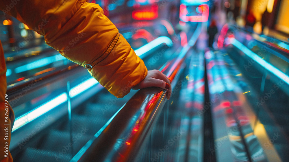 Escalator safety. Person on escalator. Holds on to the railing. Only ...