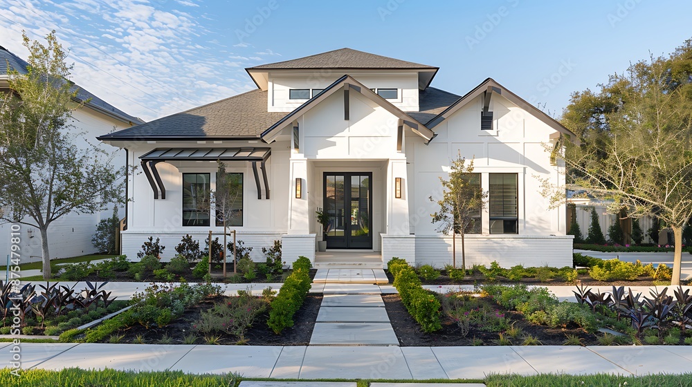 Stunning front view of a modern white craftsman-style cottage with a ...