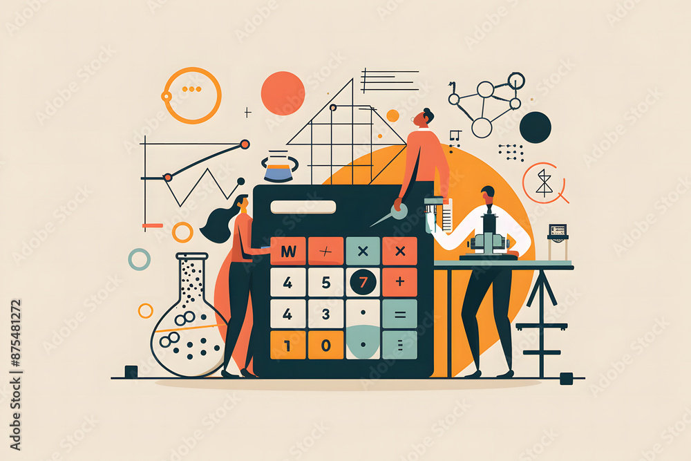 Flat illuration of two people using a giant calculator, a scientist ...