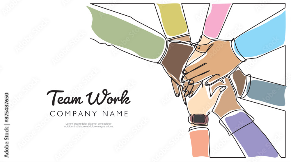 Continuous one line drawing of partners with stack of hands showing ...