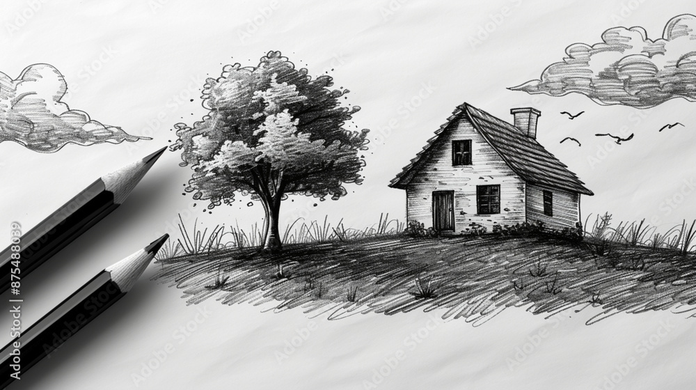Hand drawn illustration of a house and a tree: pencil drawing ...