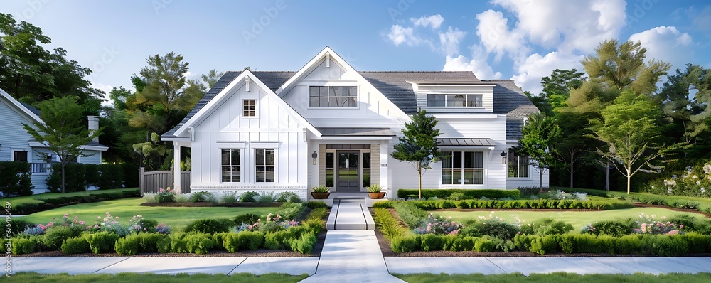 Picturesque front angle of a new craftsman-style white cottage with a ...