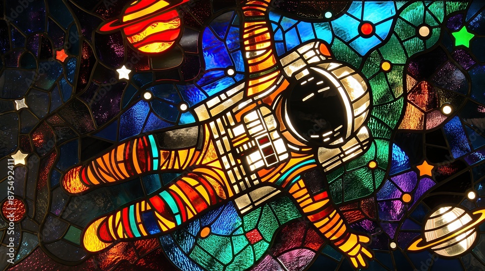 abstract stained glass window with astronaut floating in space among ...