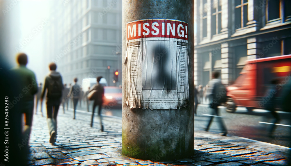 Foto de Missing Person Poster on City Street Light Pole with Busy ...