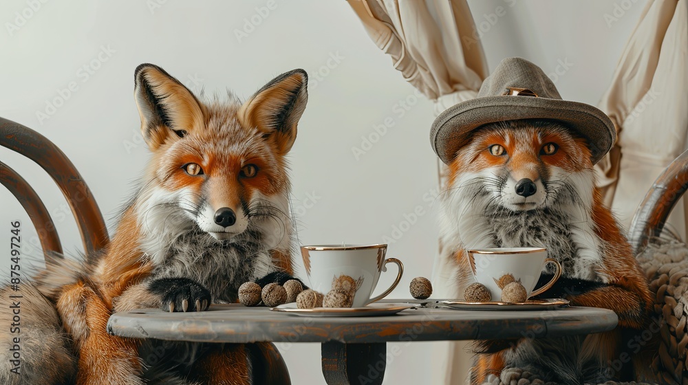 Two stuffed animals sitting around a table with cups of tea or coffee ...