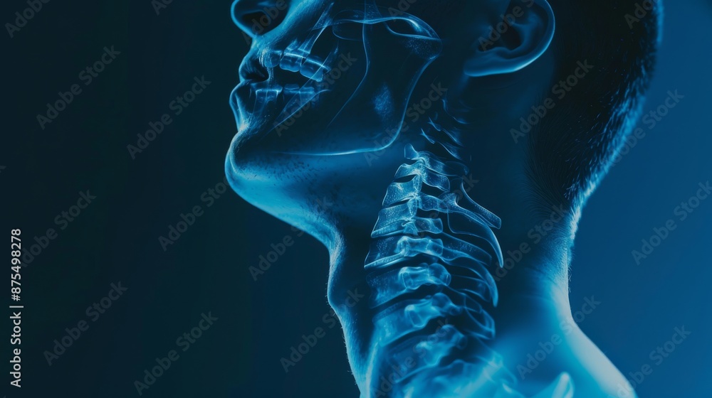 A close-up side view of a persons neck, with the cervical spine visible ...