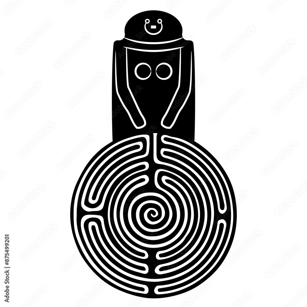 Neolithic female sculpture on a round spiral maze or labyrinth symbol ...