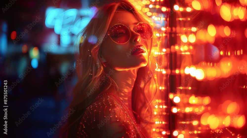 Beautiful blonde fashion model with sunglasses as night. Leaning ...