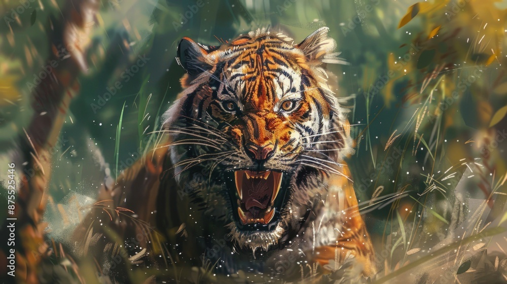 Poster, Foto A tiger is shown in a field with its mouth open, showing ...