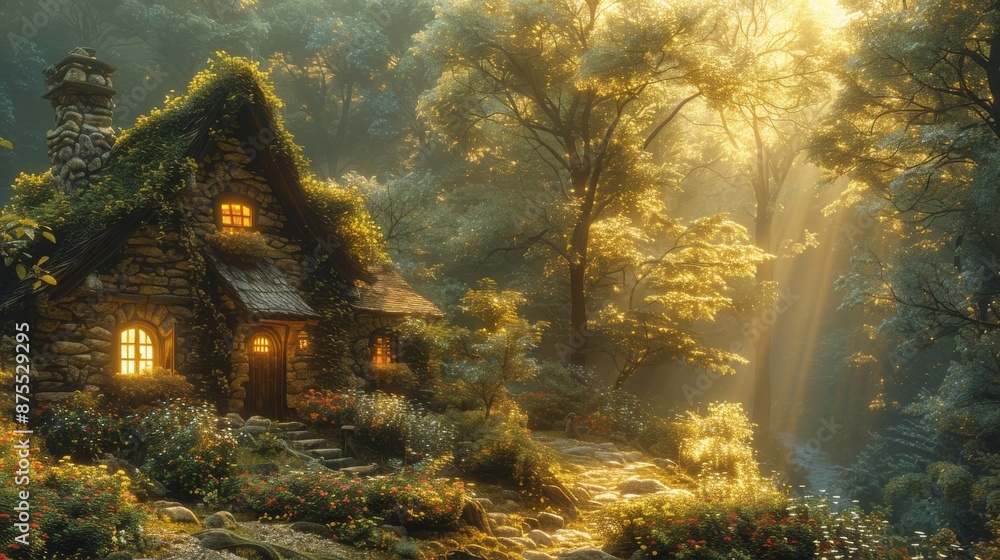 An enchanting magical forest with a rustic hut. Misterial, fairytale ...