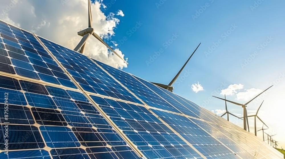 Renewable energy setup with solar panels and wind turbines for ...