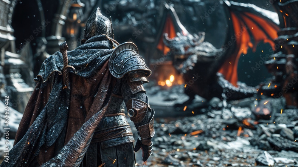 A knight in formidable armor confronts a monstrous dragon within the ...