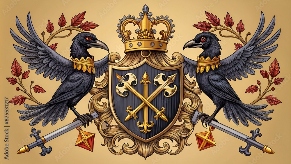 Vector heraldic Coat of arms with ravens, crown, spears, ribbon ...