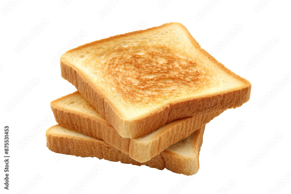 Stack of three golden-brown toast slices with crispy texture. Isolated ...