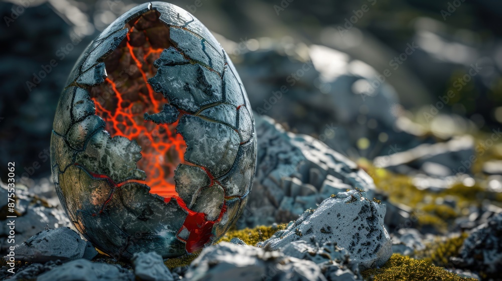 An ancient cracked dinosaur egg with fiery light inside, placed on ...