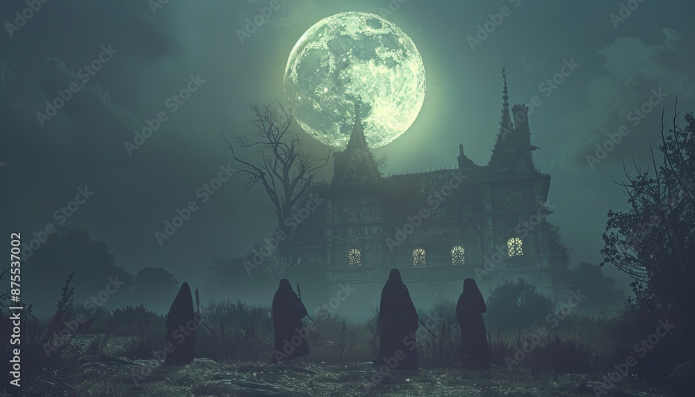 Describe a detailed scene of a magical ritual performed under the full ...