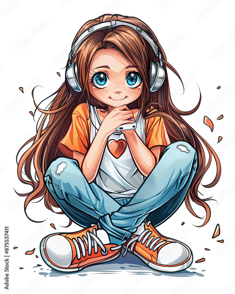 Young Anime girl with big blue eyes and freckles wearing an orange t ...