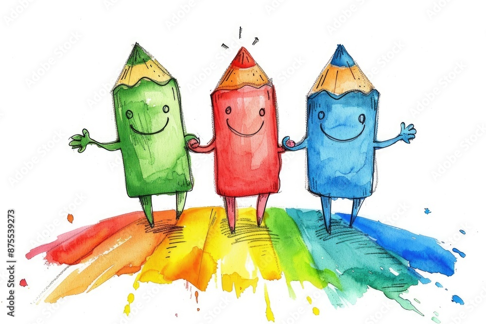 Three colored pencils, red, green, and blue, holding hands on a rainbow ...
