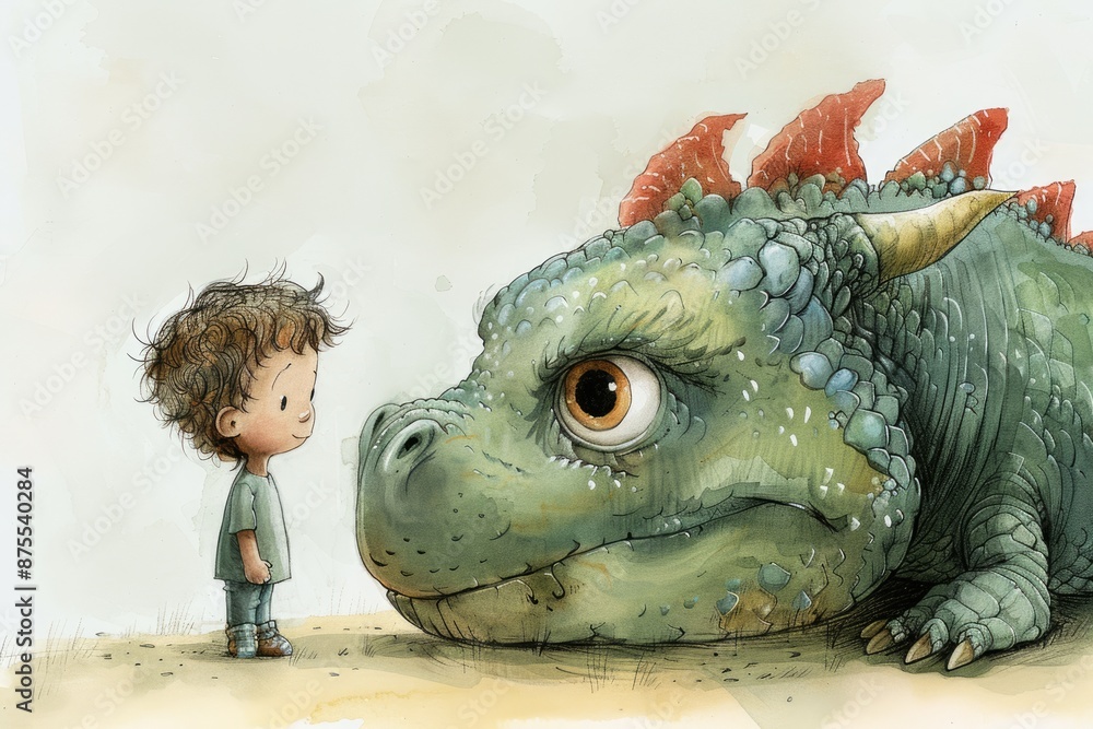 A little boy with a big green dragon shown in a fantasy sketch style ...