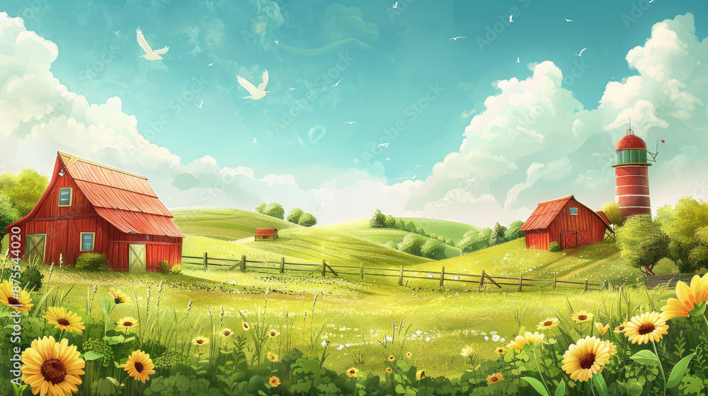 Watercolor drawing of a charming farm with barns and rolling hills ...