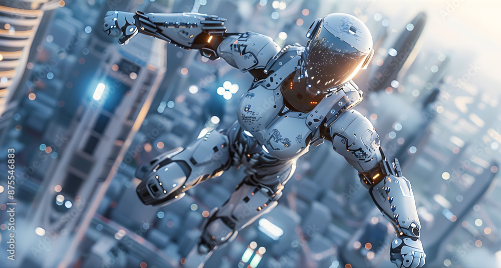 The robot or cyborg woman in the superhero iron suit is flying over a ...