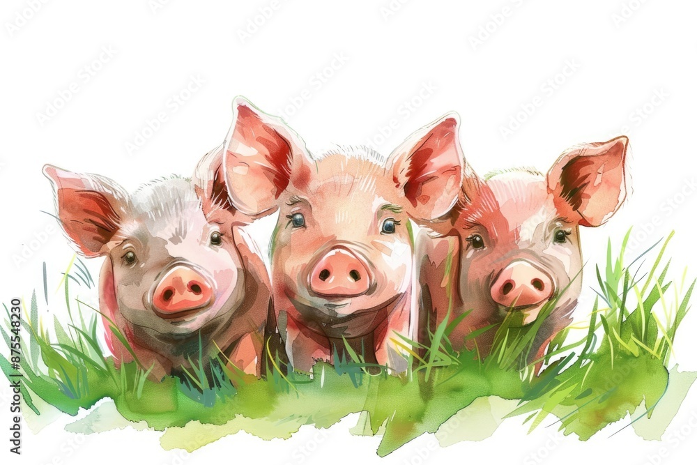 Watercolor painting of three little pigs on a field with green grass ...