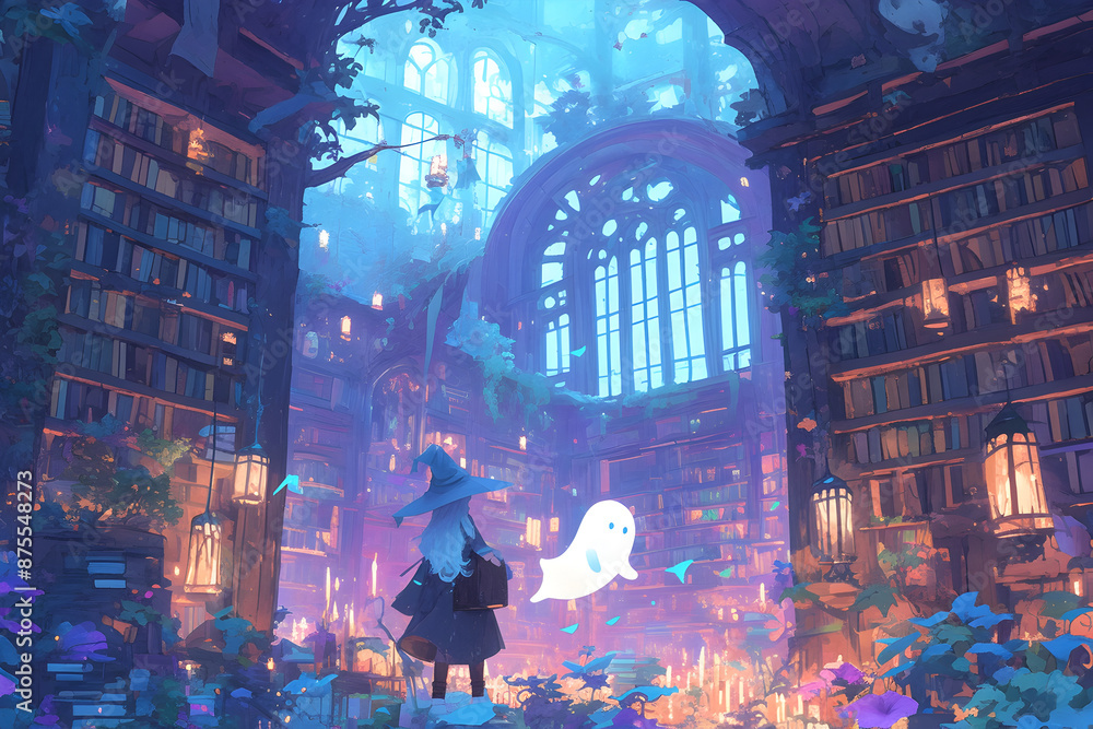Enchanted Girl exploring a magical library with floating books, glowing ...