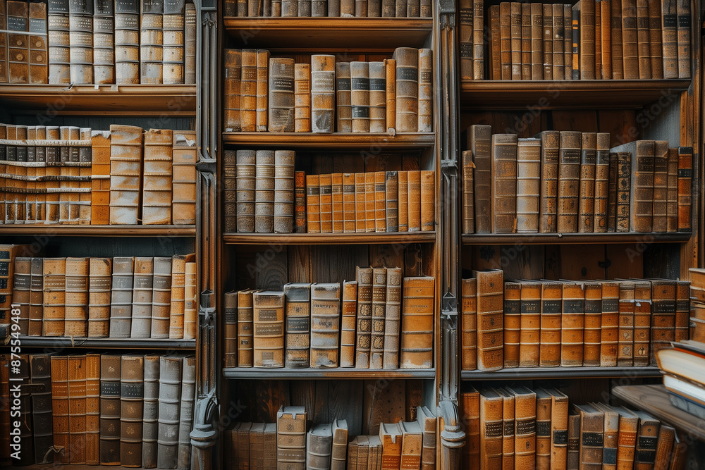 Vintage library with wooden shelves and old books, pattern with books ...