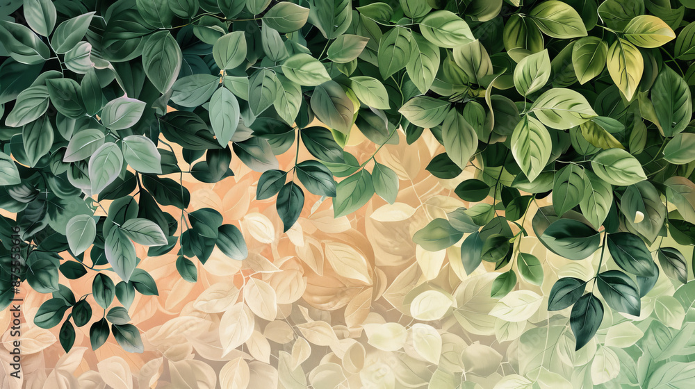 Nature-inspired backdrop with lush green leaves that fade from peach to ...
