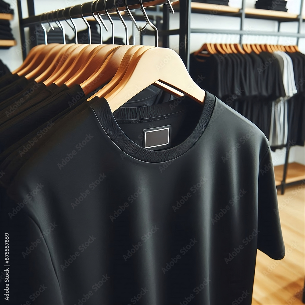 Black t-shirts is displayed on a hanger in modern retail, clothing ...