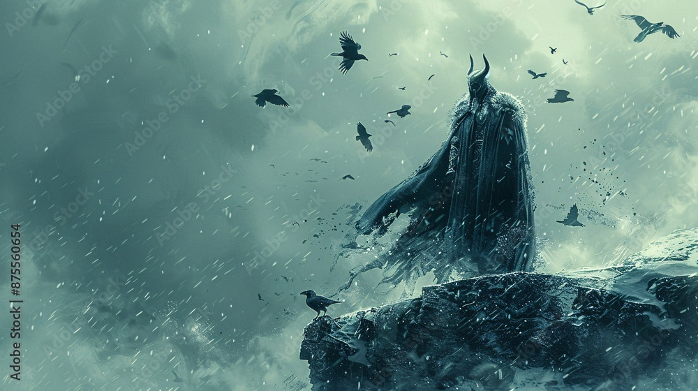 ภาพประกอบสต็อก Mythical Odin Standing on Cliff with Ravens - Majestic ...